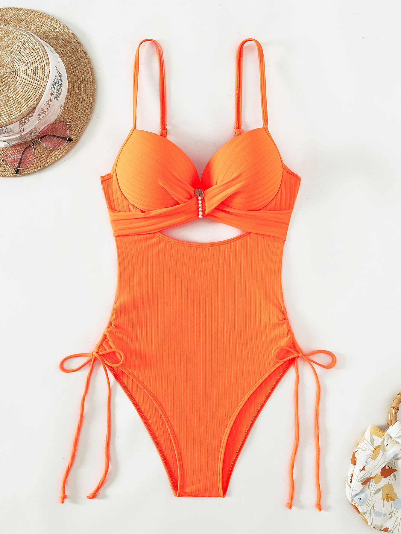 Cut Out Drawstring Side Push Up One Piece Swimsuit Shein Usa