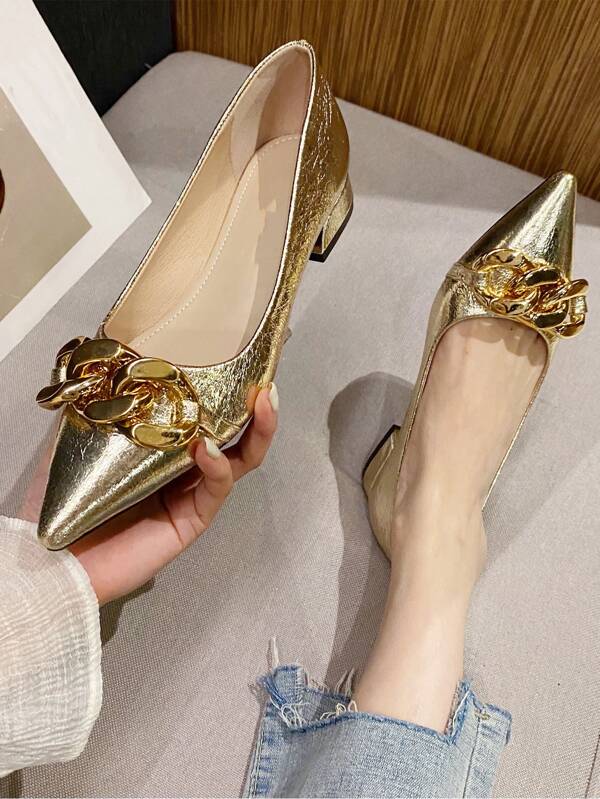 Women Chain Decor Metallic Point Toe Flats, Glamorous Gold Flats ...