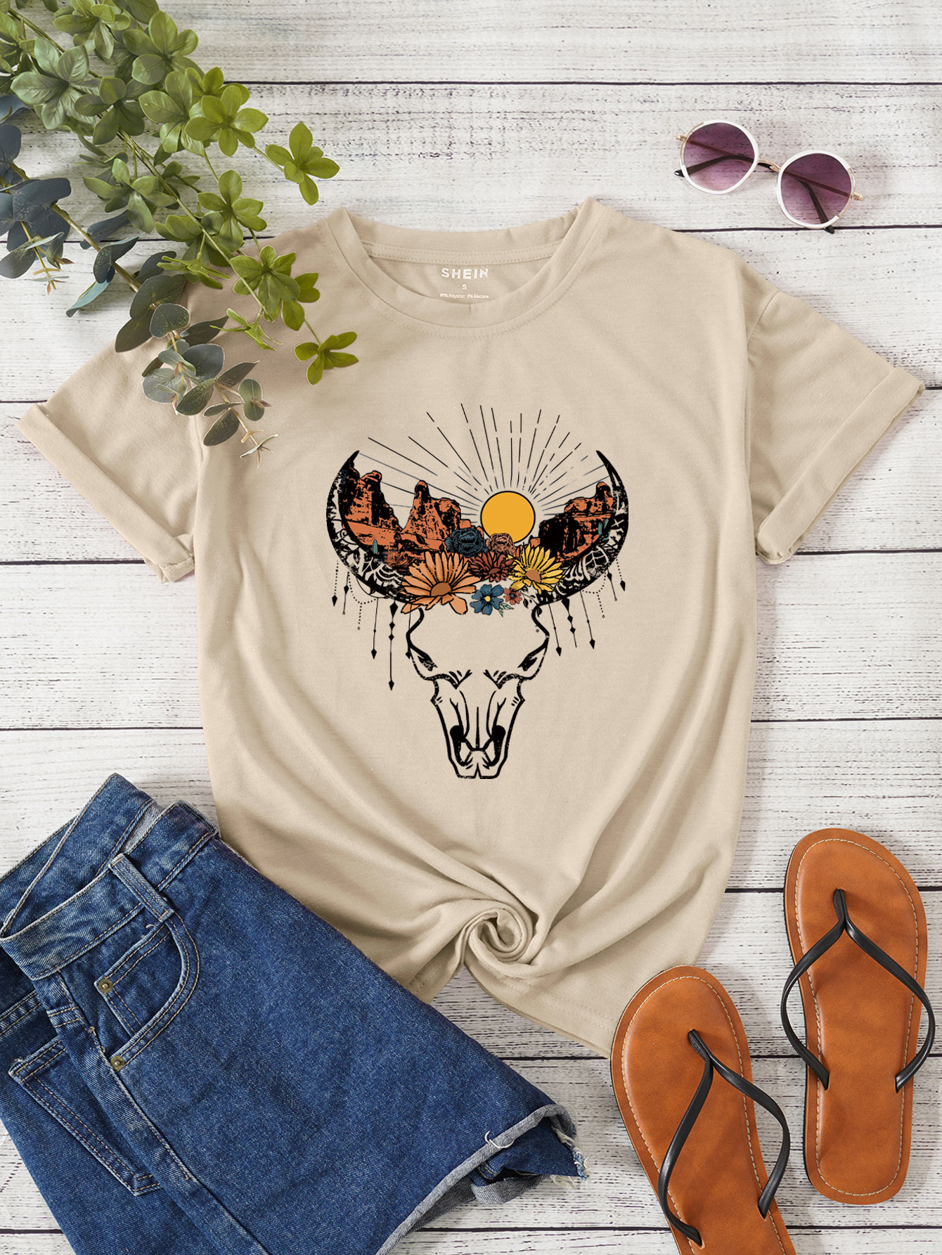 Camiseta floral & con estampado de toro