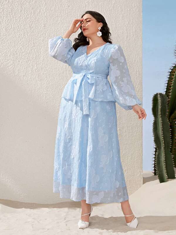 Shein Mulvari Plus Lantern Sleeve Belted Jacquard Dress For Sale