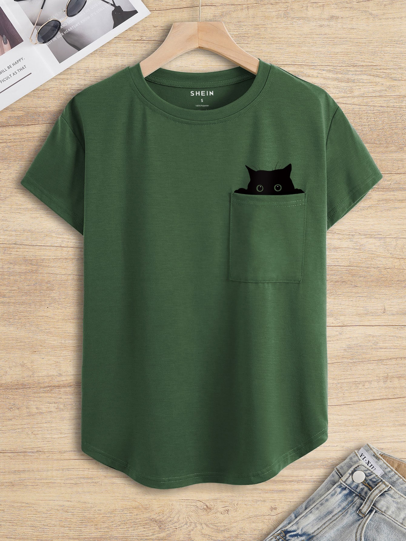 SHEIN Essnce Cat Print Pocket Patched Tee | SHEIN USA