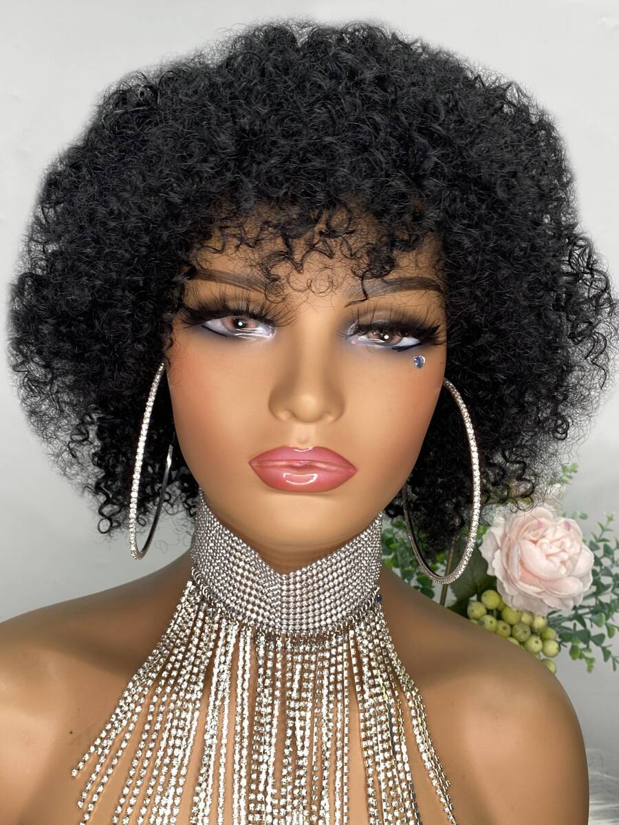 Short Curly Human Hair Wig With Bangs | SHEIN USA