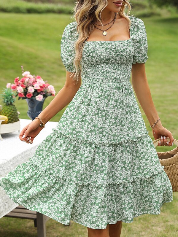 SHEIN VCAY Ditsy Floral Print Square Neck Puff Sleeve Ruffle Hem Dress | SHEIN USA