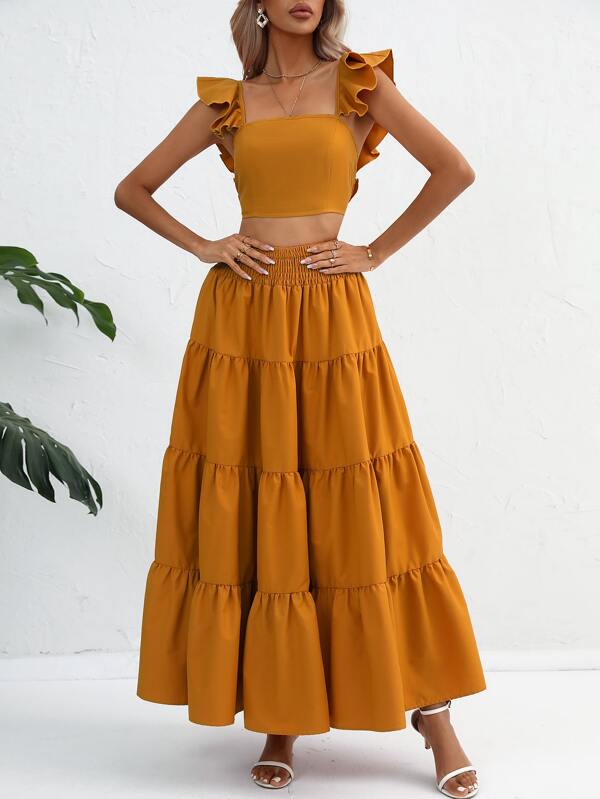 SHEIN VCAY Solid Ruffle Trim Crop Top & Ruffle Hem Skirt | SHEIN USA