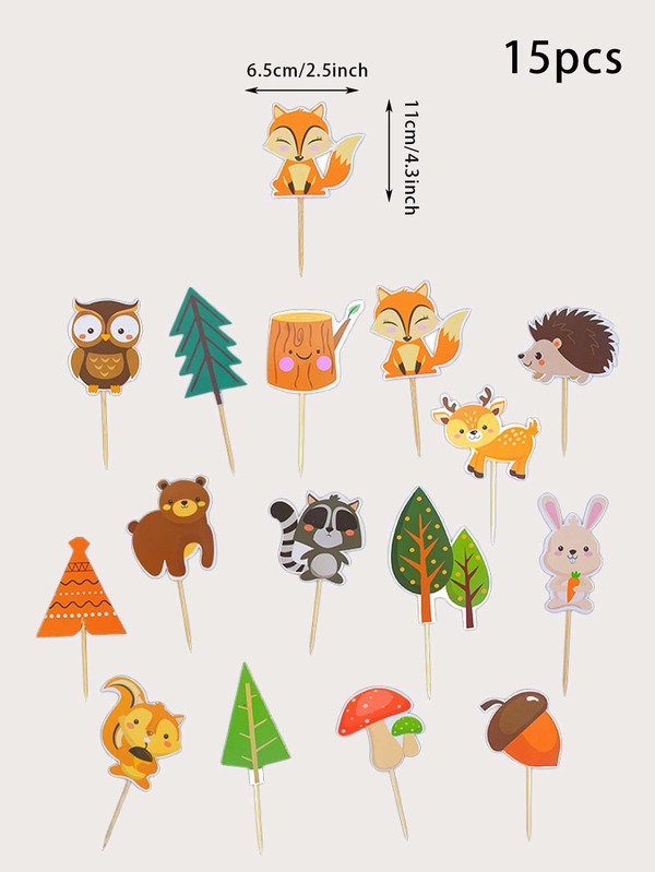 15pcs/set Paper Cake Topper, Cartoon Cute Animal & Tree Design Cake Top ...