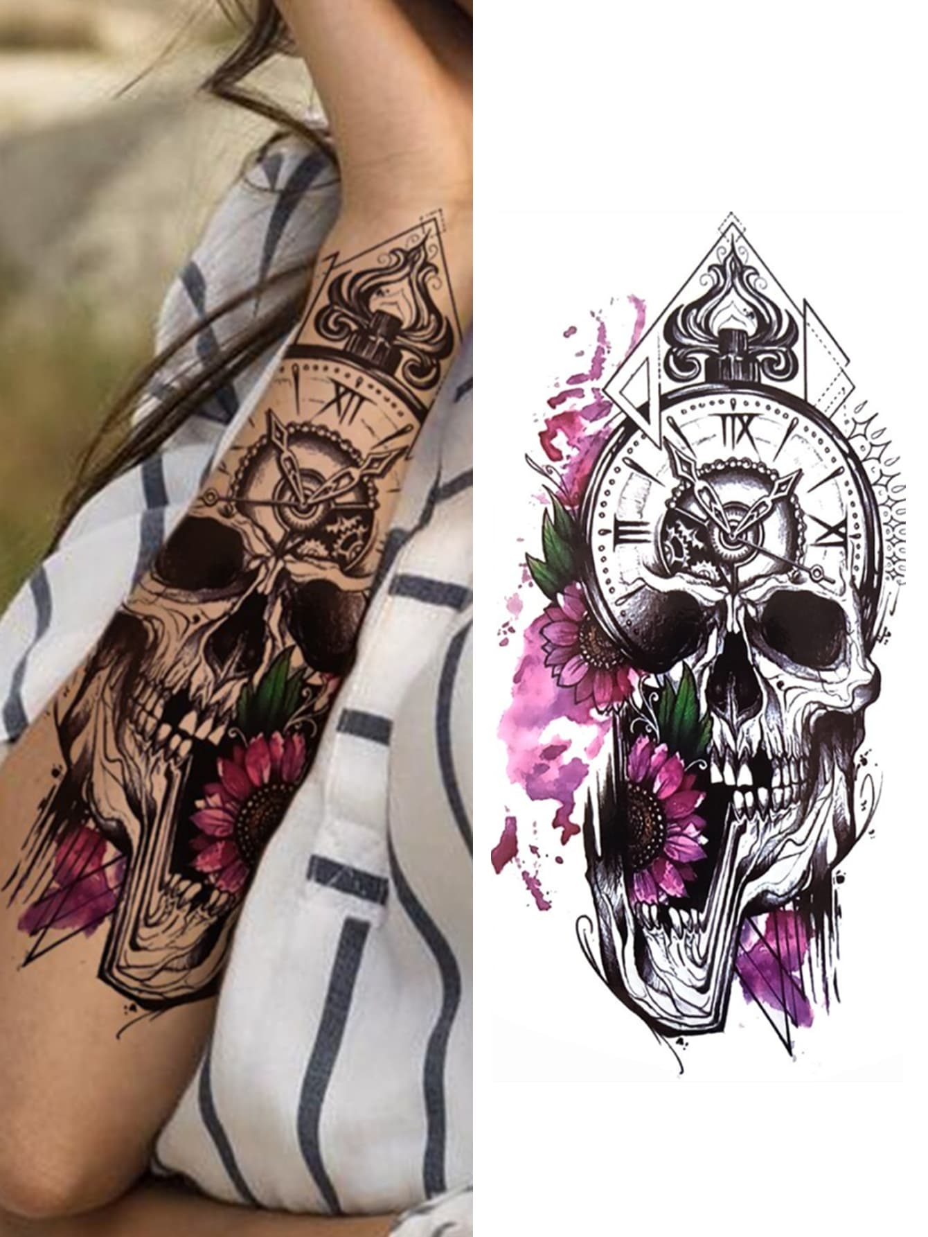 1pc Skull Tattoo Sticker, Waterproof And Long-lasting Temporary Tattoo ...