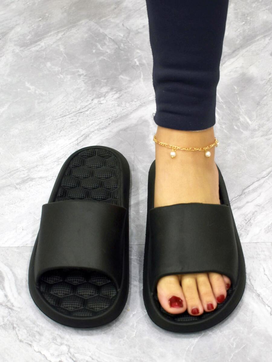 Women Lightweight Single Band Slippers, Minimalist Black EVA Slides For ...
