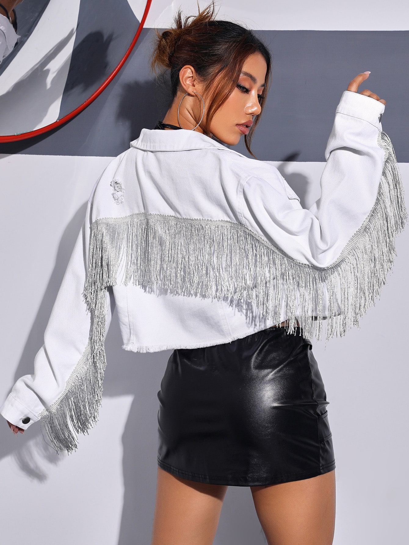 Fringe Trim Flap Detail Crop Denim Jacket