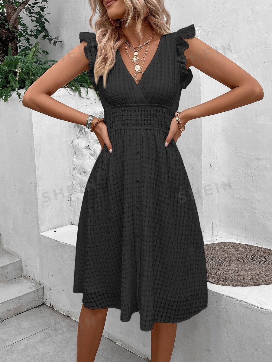 SHEIN VCAY Solid Ruffle Trim A-line Dress | SHEIN USA