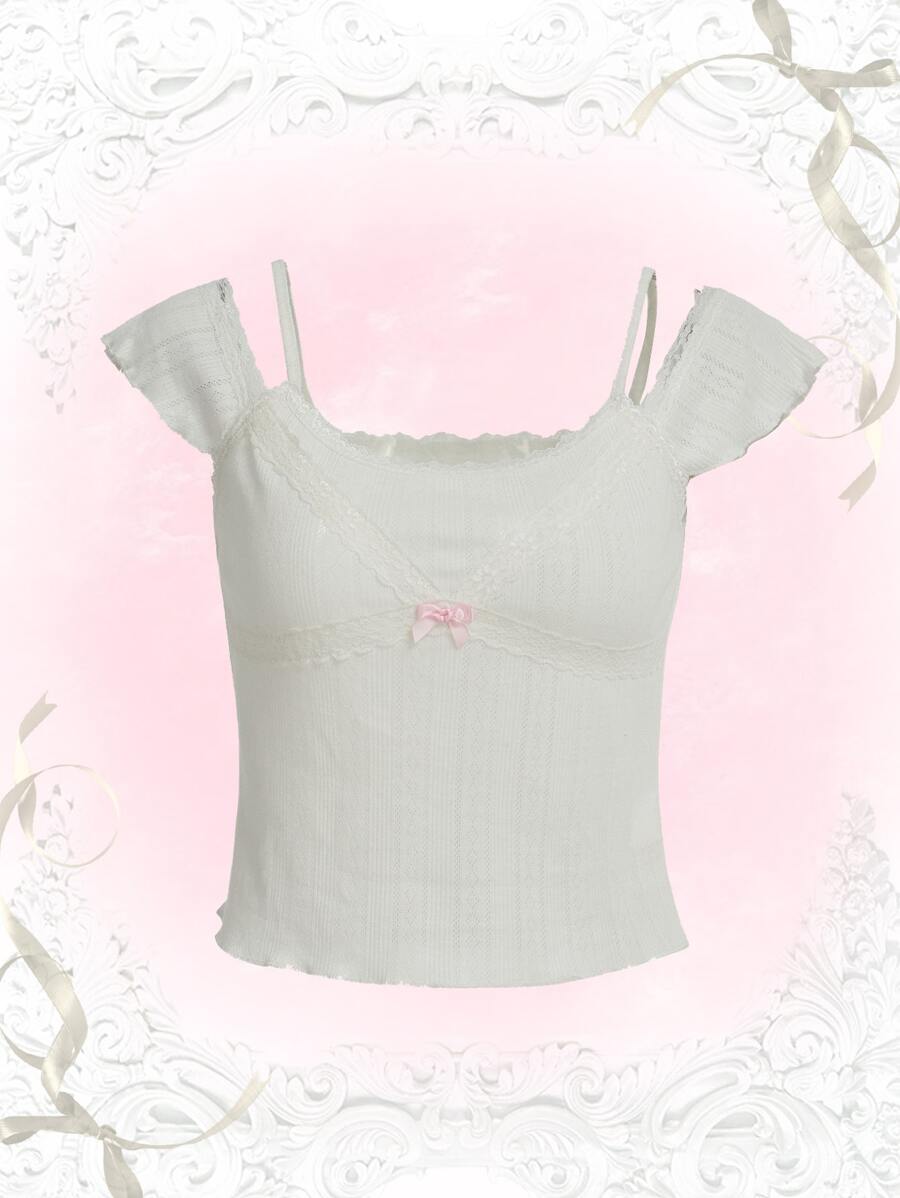 ROMWE Kawaii Solid Contrast Lace Tee | SHEIN UK