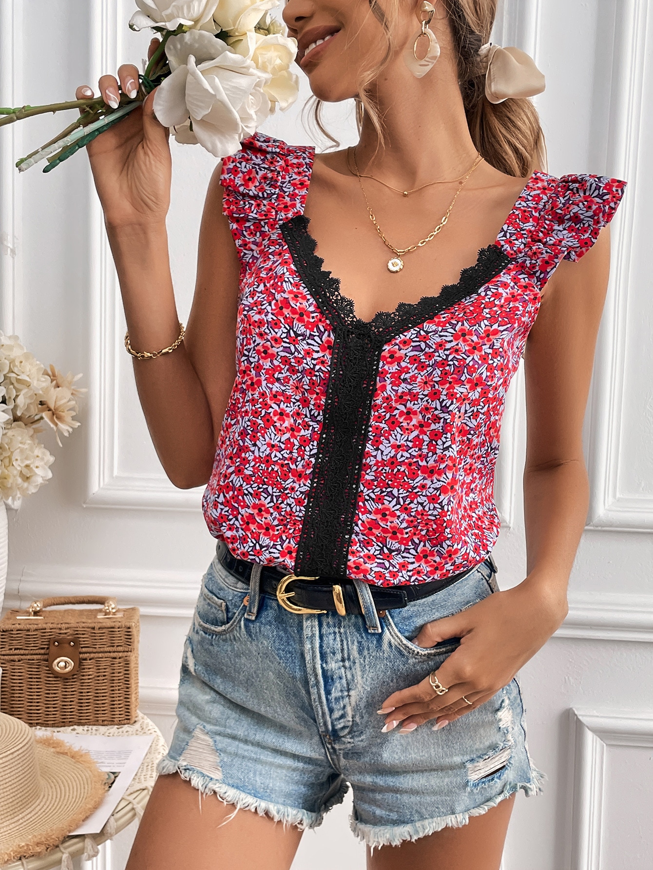 Shein Frenchy Ditsy Floral Print Guipure Lace Ruffle Trim Blouse Shein Uk