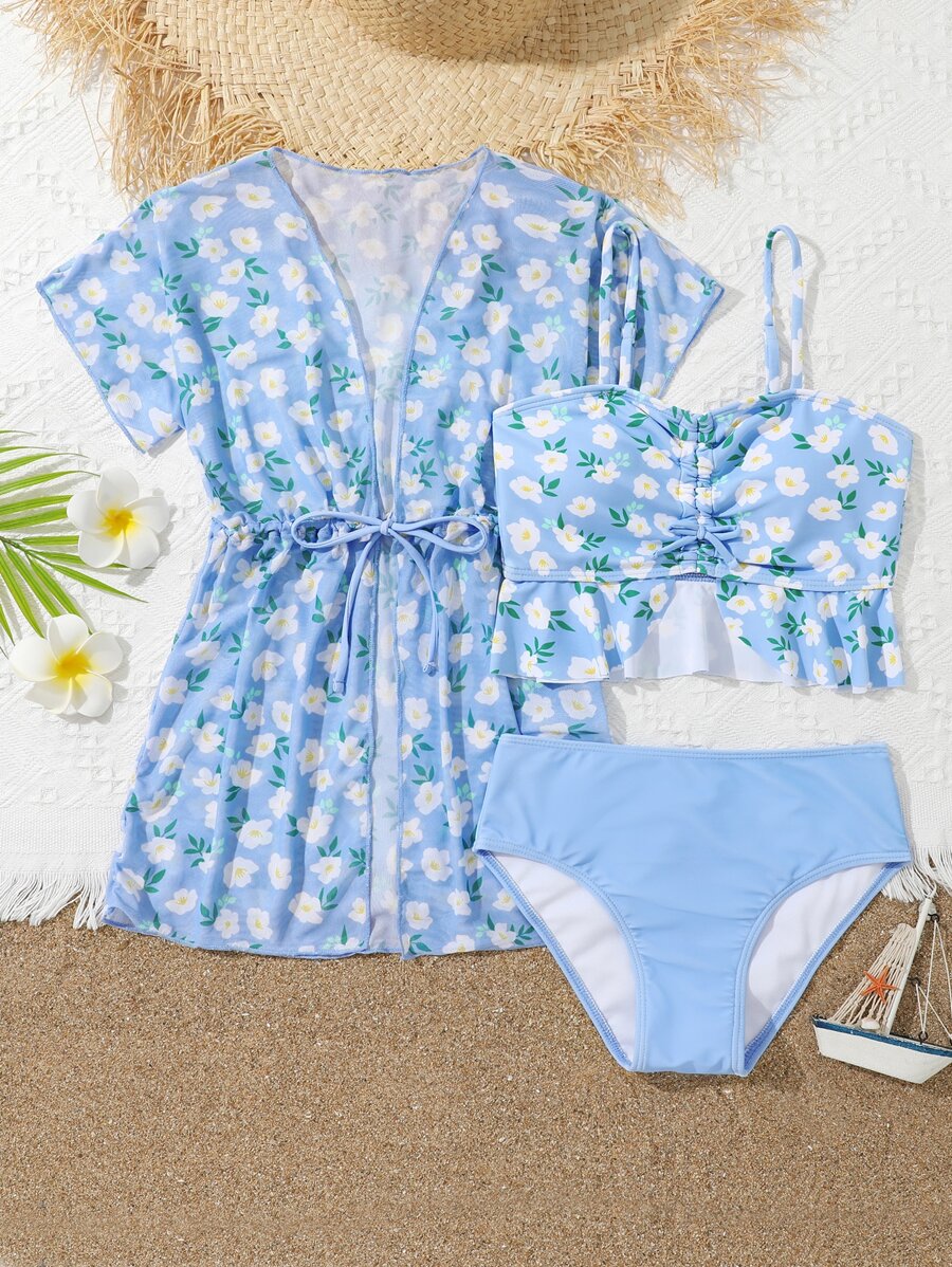 Tween Girl Floral Print Ruffle Hem Bikini Set With Kimono Summer Beach ...