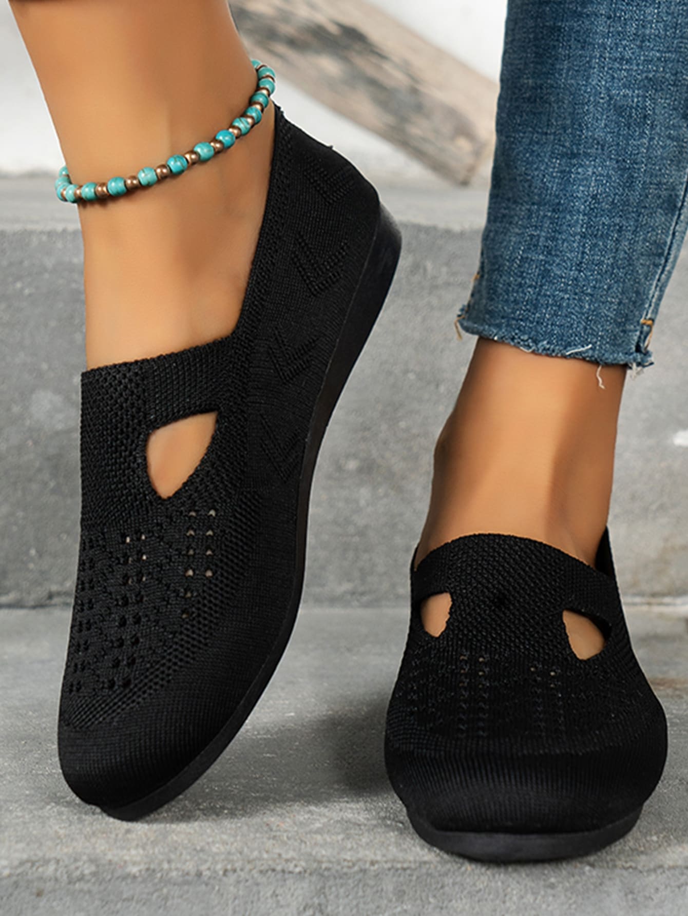 Women's Hollow Out Flats, Elegant Black Polyester Slip On Flats | SHEIN USA