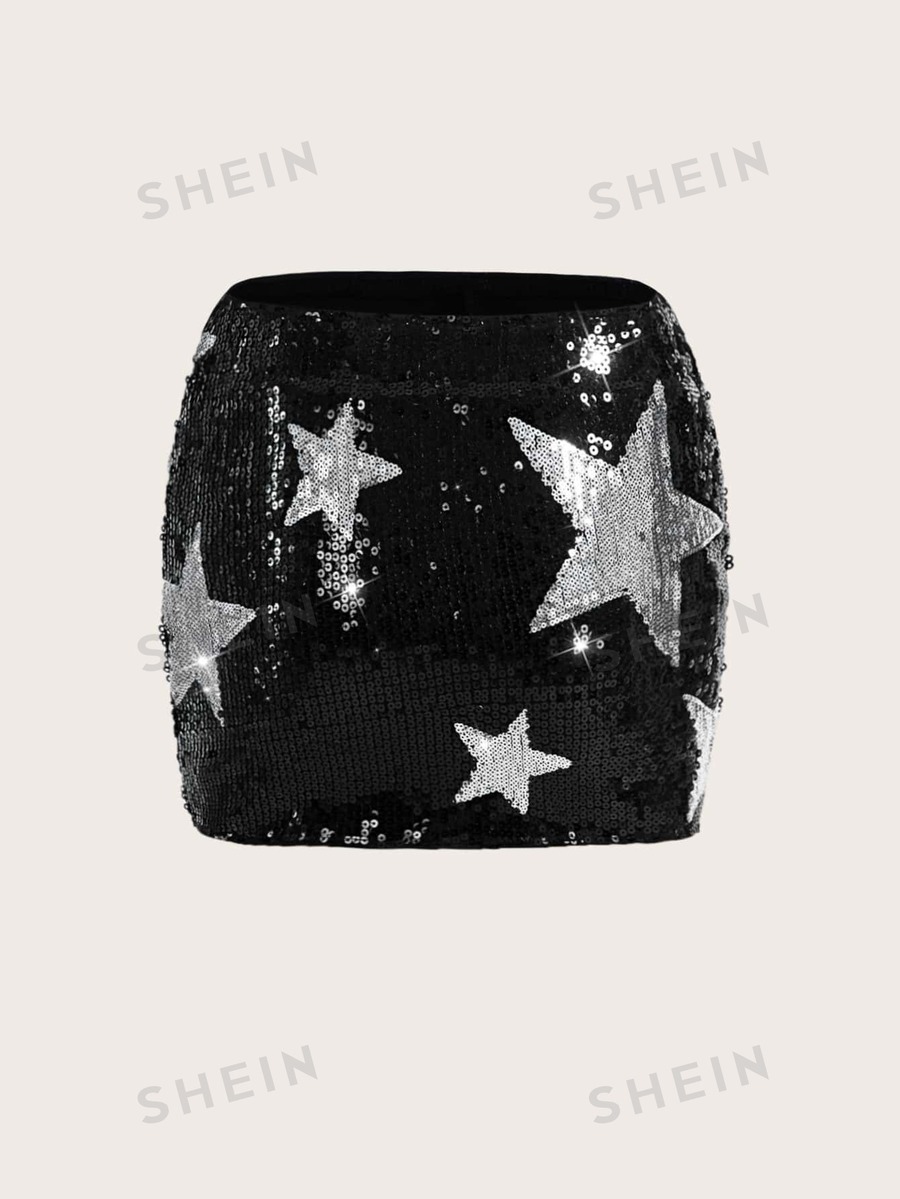 SHEIN ICON Music Festival Rave Star Pattern Sequin Bodycon Skirt | SHEIN UK