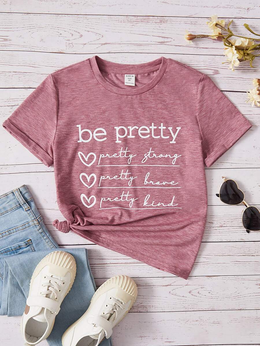 SHEIN Tween Girl Heart & Slogan Graphic Tee | SHEIN USA