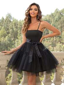 Joyfunear Mesh Hem Belted Cami Dress | SHEIN USA