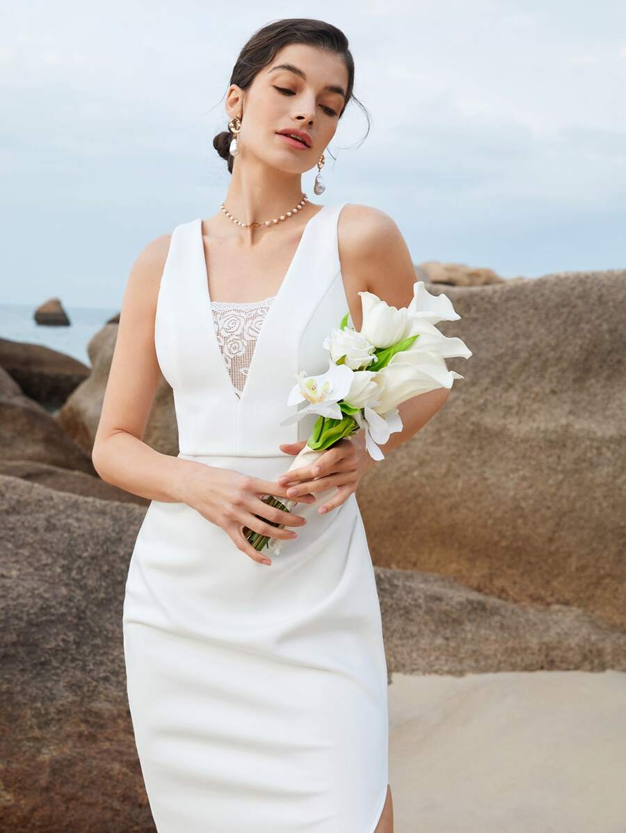 SHEIN Belle Solid Split Thigh Wedding Dress Without Veil | SHEIN UK