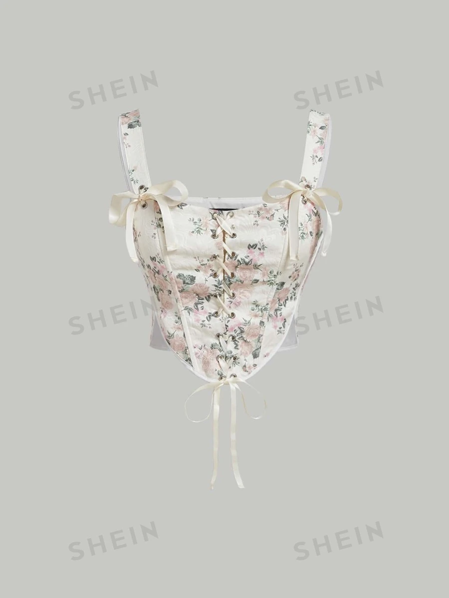 SHEIN MOD Floral Print Lace Up Front Wide Strap Top | SHEIN USA