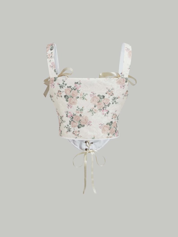 SHEIN MOD Floral Print Lace Up Front Wide Strap Top | SHEIN UK