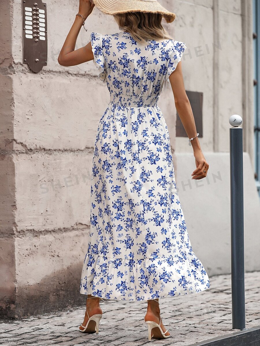 SHEIN VCAY Vestido con estampado floral con fruncido de manga mariposa ribete con fruncido ...