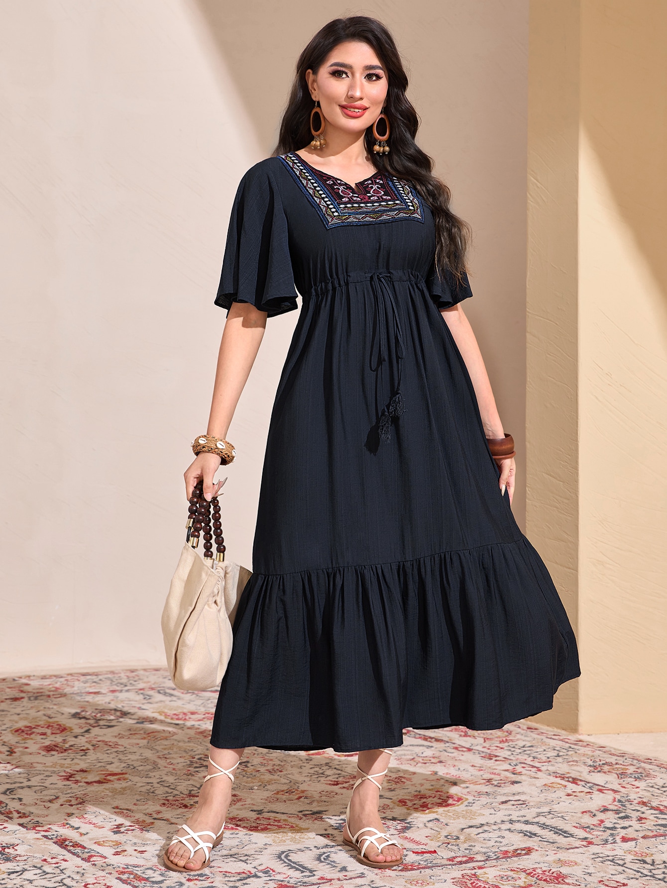 SHEIN Mulvari Floral Embroidery Drawstring Waist Ruffle Hem Dress for ...