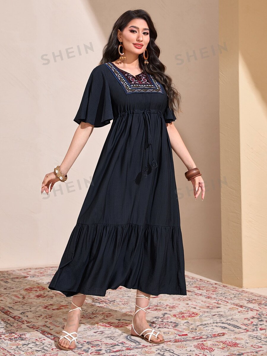 Shein Mulvari Floral Embroidery Drawstring Waist Ruffle Hem Dress For