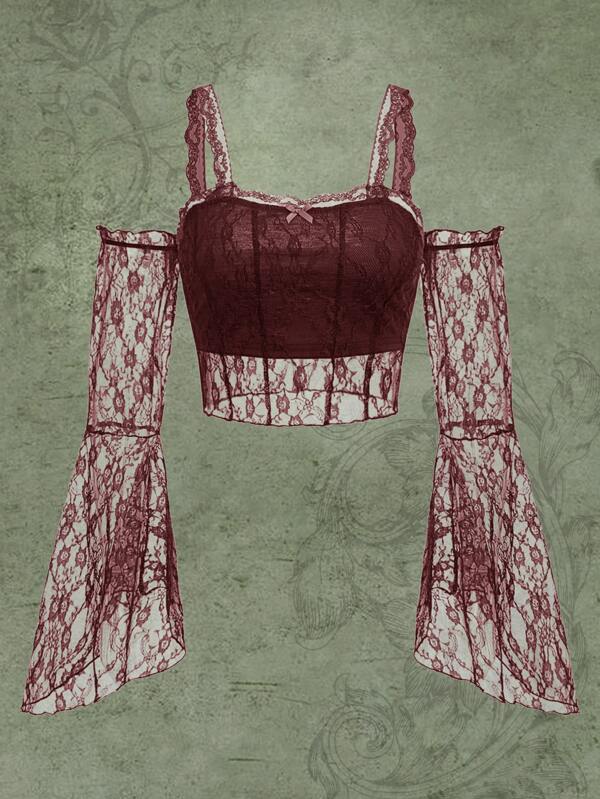 Fairycore Contrast Lace Cold Shoulder Top | SHEIN USA