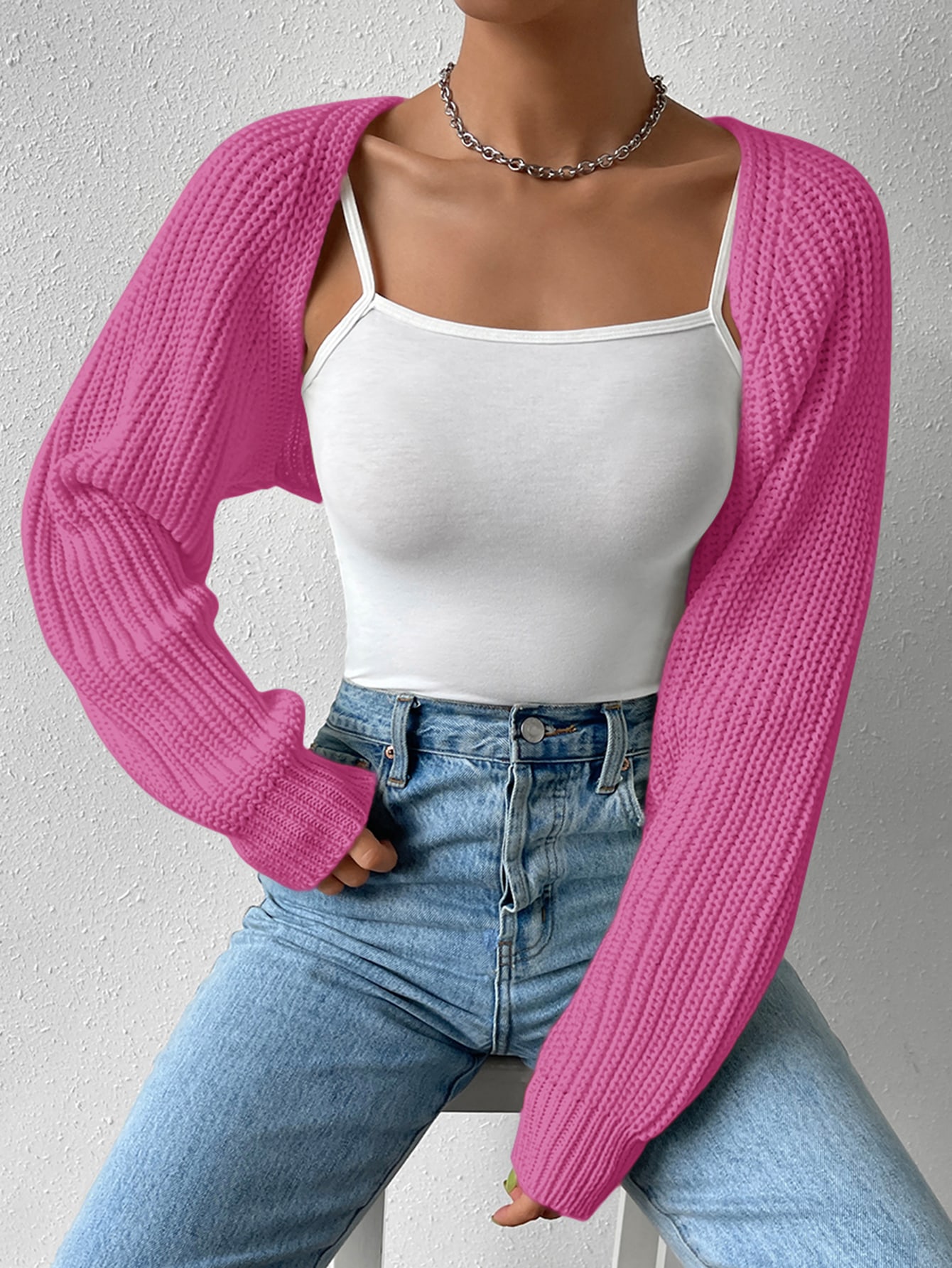 SHEIN EZwear Ribbed Knit Batwing Sleeve Shrug Cardigan