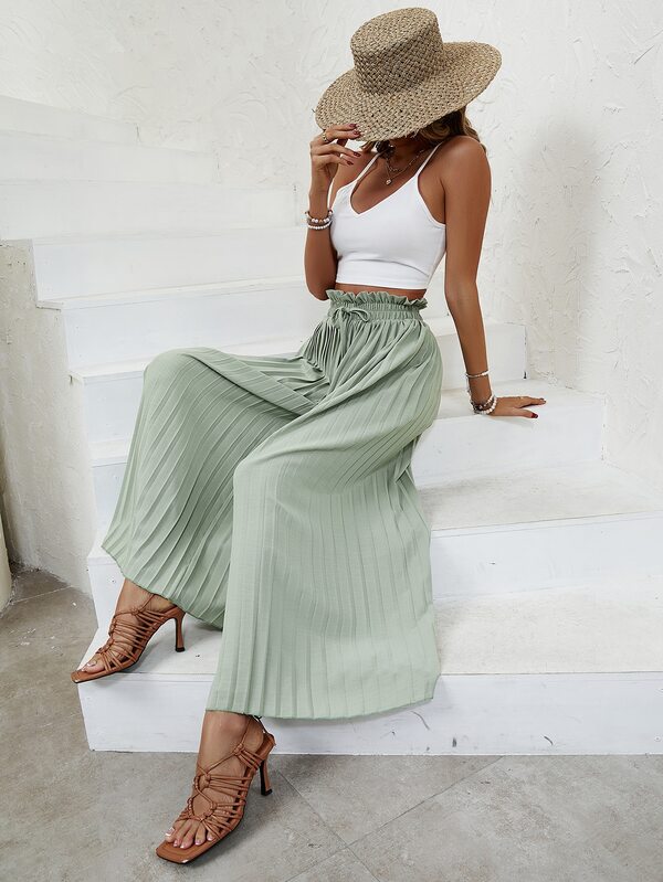 Shein Vcay Crop Cami Top And Paperbag Waist Pleated Wide Leg Pants