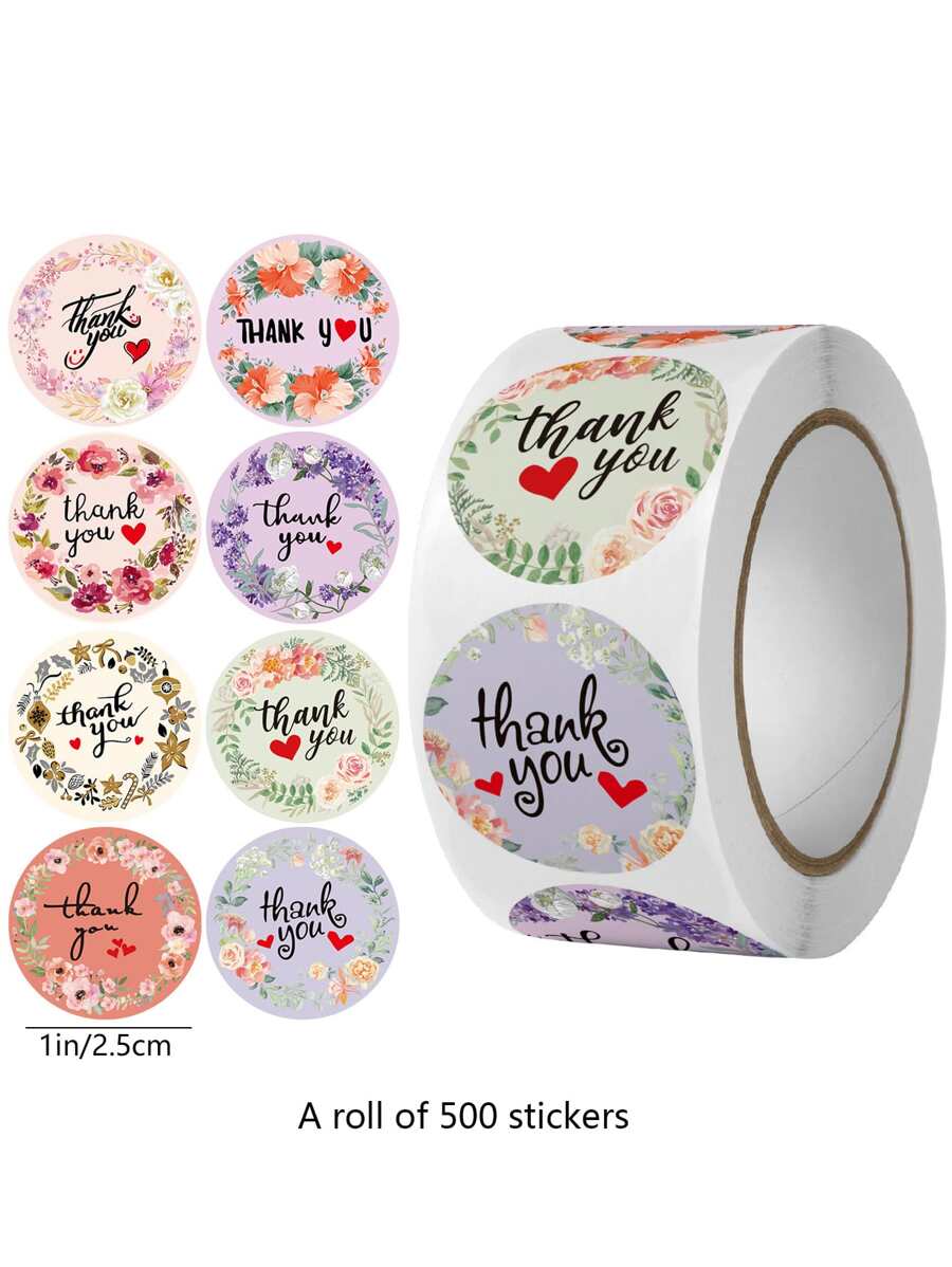 1roll/500pcs Gift Sticker, Thank You Print Floral Design Envelope ...