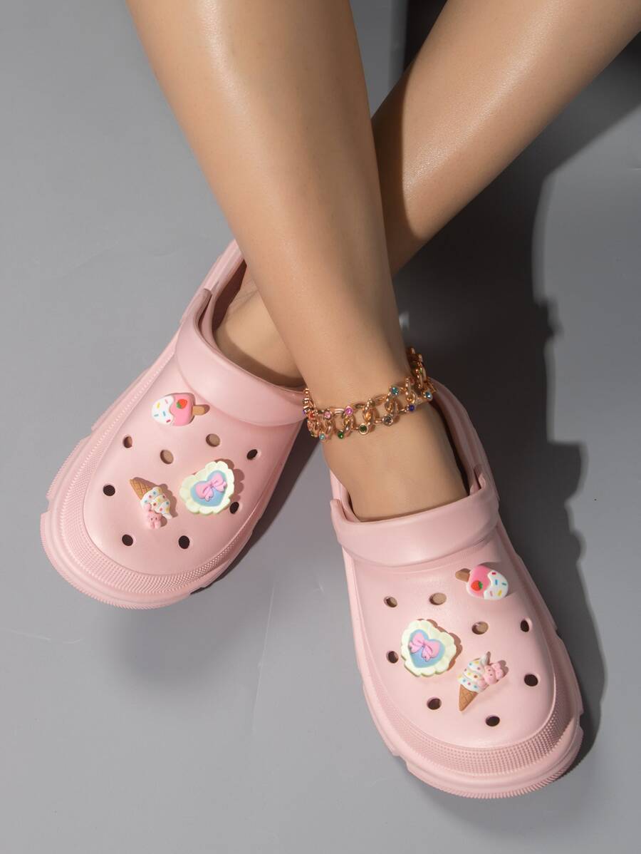 Ice Cream & Heart Decor Hollow Out Vented Clogs, Breathable Light Pink ...