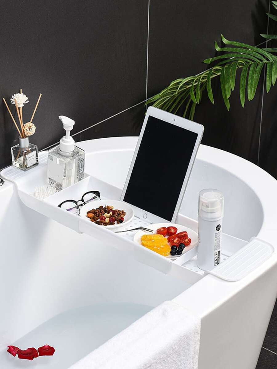 1pc Plastic Bathtub Tray, Minimalist White Stretchable Multifunction ...