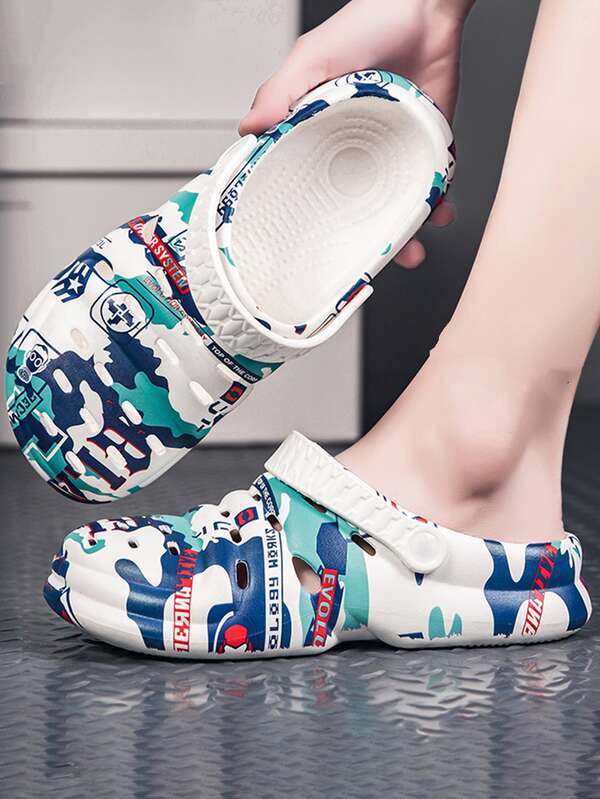 Men Camo & Letter Graphic Hollow Out Vented Clogs, Fashion Summer EVA ...