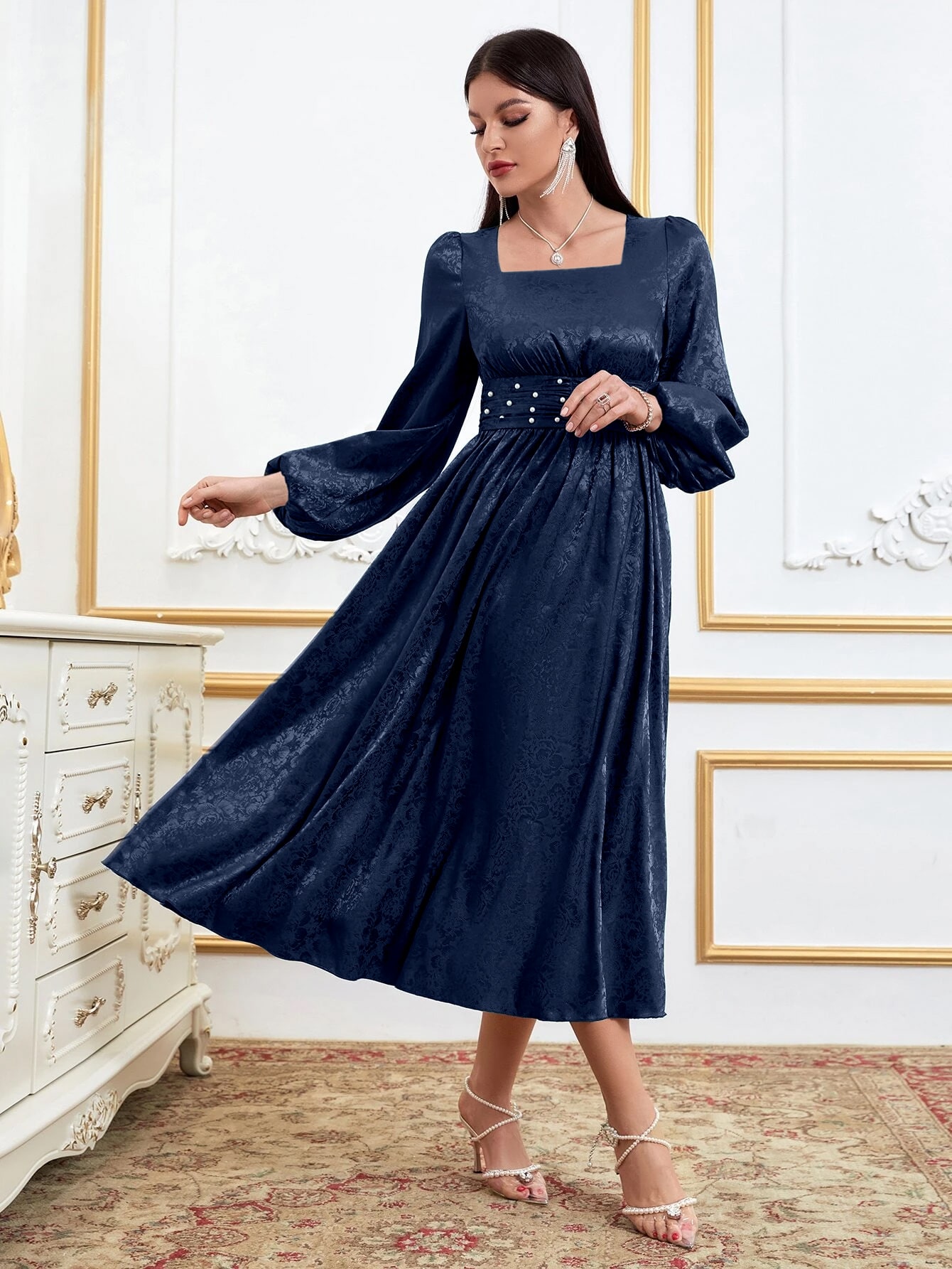 Shein Modely Jacquard Square Neck Lantern Sleeve Pearls Beaded Satin