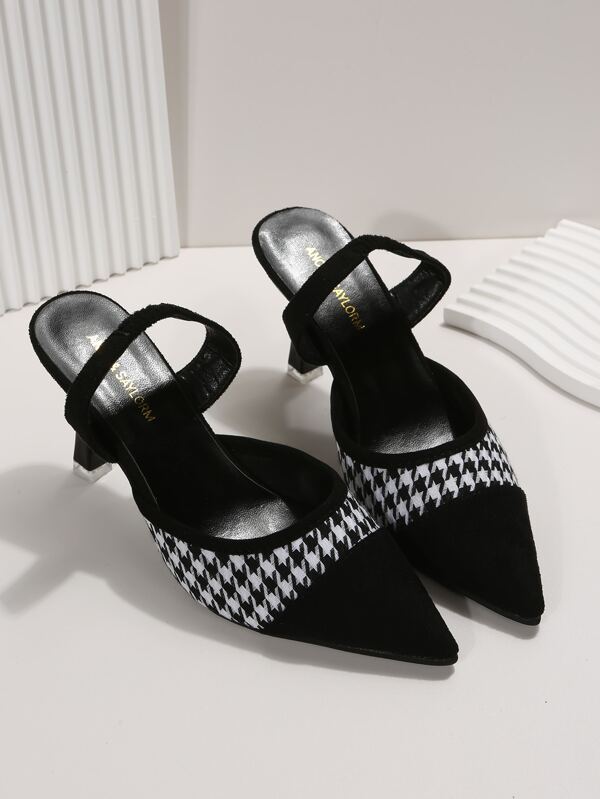 Women Houndstooth Pattern Point Toe Pyramid Heeled Pumps, Elegant ...