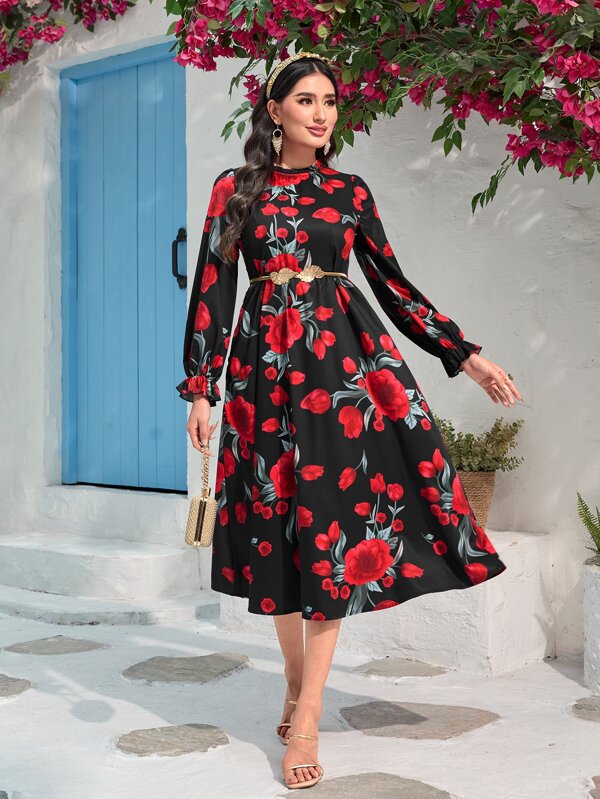 Shein Mulvari Floral Print Flounce Sleeve Dress Without Belt Shein Usa