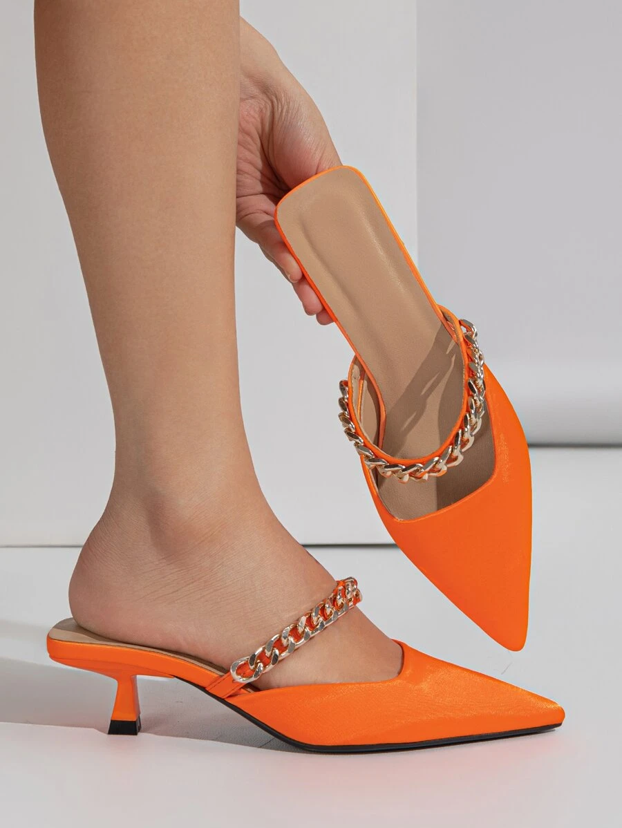 Women Chain Decor Point Toe Pyramid Heeled Pumps, Glamorous Orange ...