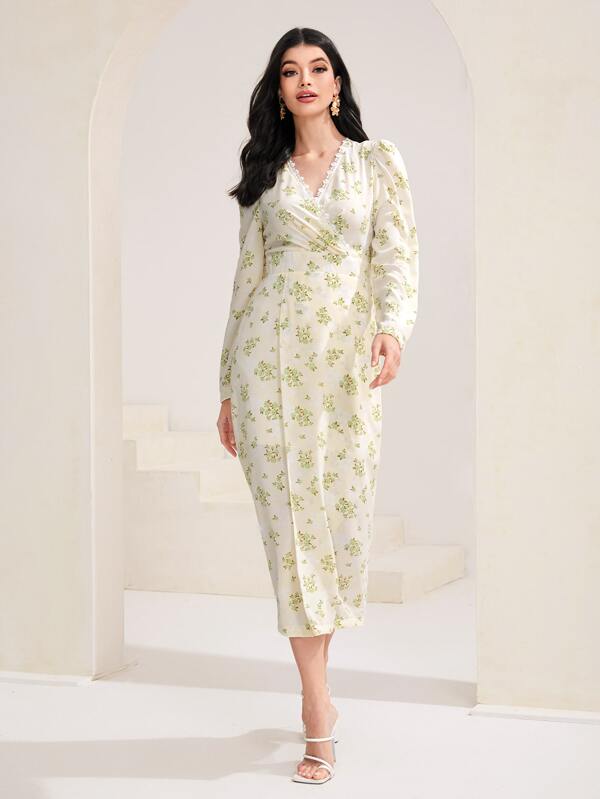 Shein Modely เดรส พิมพ์ลาย ดอกไม้ ปลอกคอทับซ้อนกัน แขนโคมไฟ ผ่าหลัง