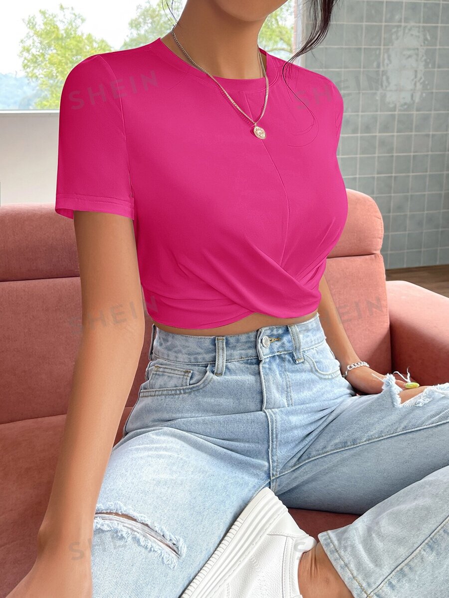 Shein Ezwear Solid Twist Front Crop Tee Shein Uk