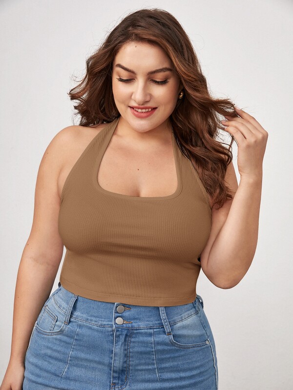 SHEIN BASICS Plus Cotton Solid Backless Halter Top | SHEIN USA