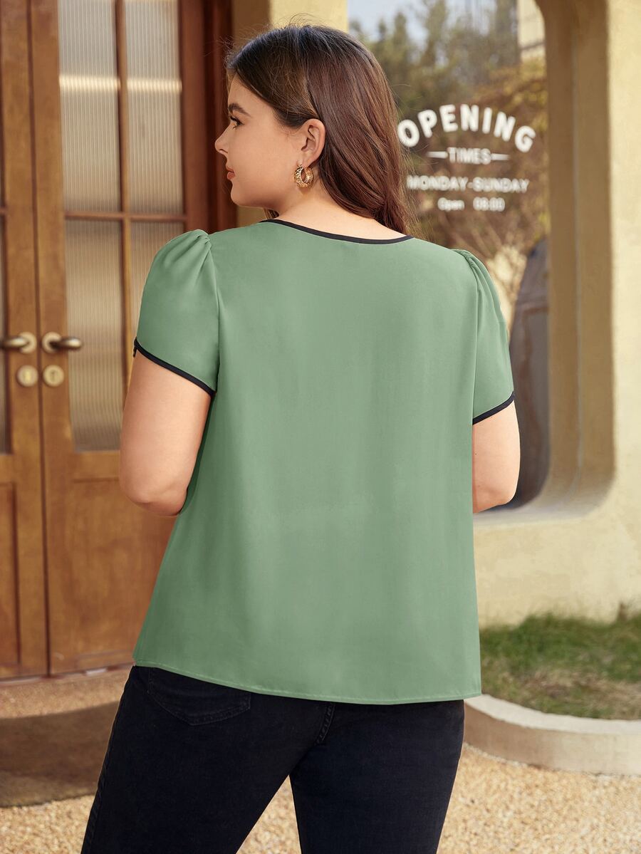 SHEIN Clasi Plus Petal Sleeve Contrast Binding Keyhole Neckline Blouse ...