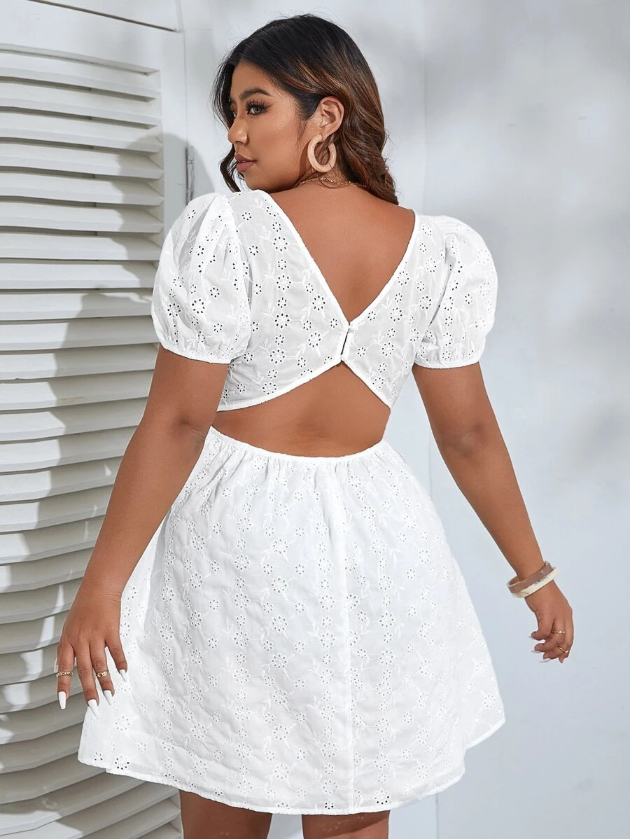Dreamara Plus Puff Sleeve Cut Out Back Schiffy Dress | SHEIN USA