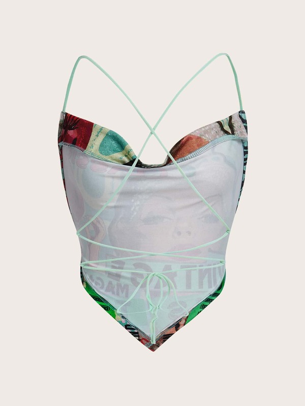 SHEIN ICON 90s Figure & Letter Graphic Tied Backless Bandana Crop Top ...