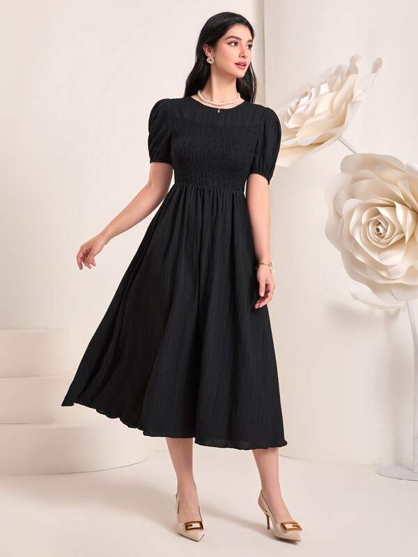SHEIN Mulvari Solid Puff Sleeve A-line Dress | SHEIN USA