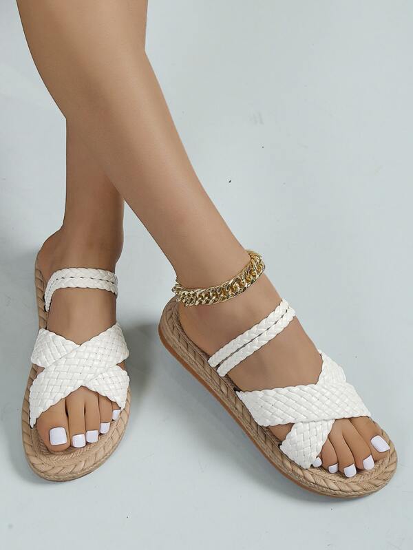 Women Braided Detail Criss Cross Flat Sandals Vacation Slingback Sandals For Summer Shein Usa