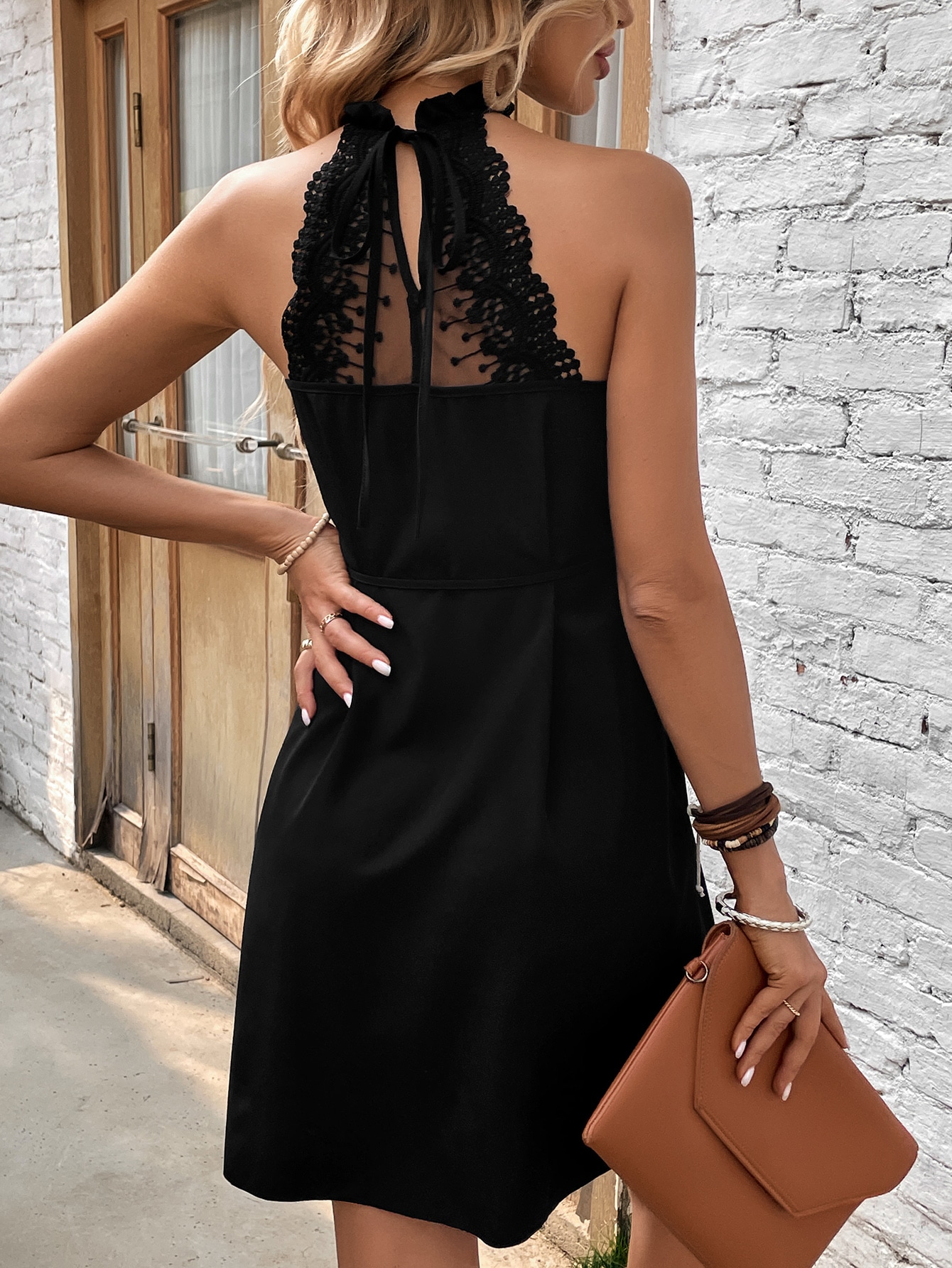 SHEIN LUNE Contrast Lace Tie Backless Halter Neck Dress | SHEIN USA