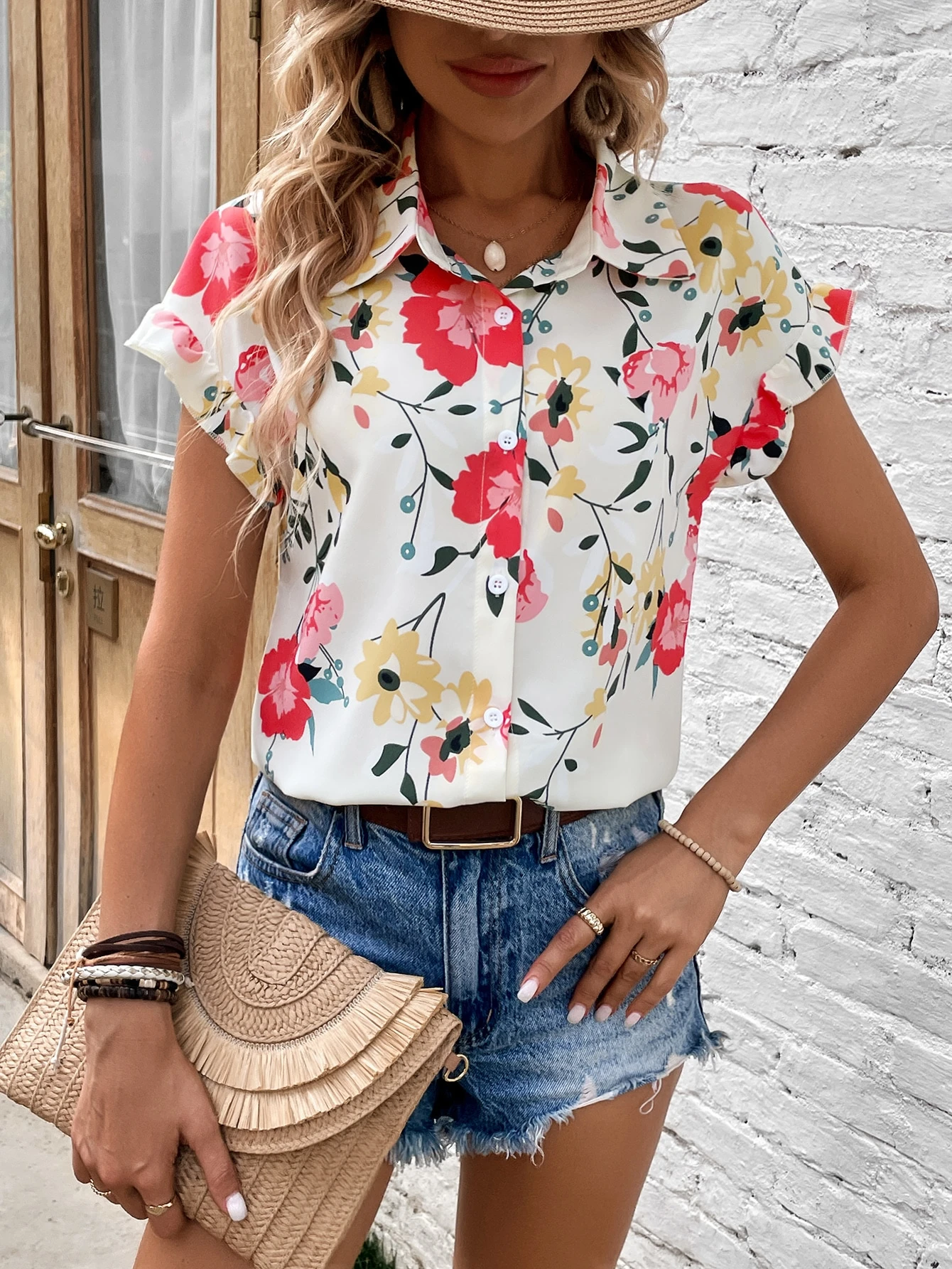 Shein Vcay Chemise Imprimé Floral Manches Chauve Souris Mode En Ligne
