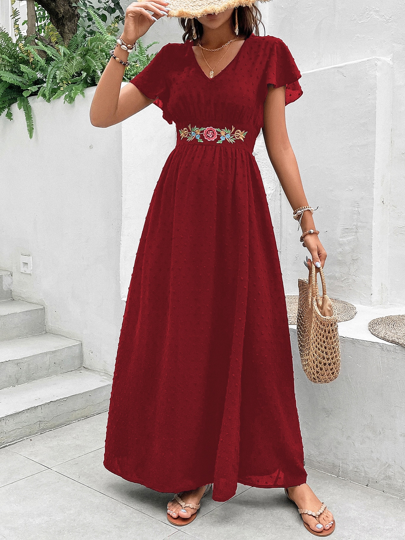SHEIN VCAY Vestido línea A con bordado floral de lunares de manga ...