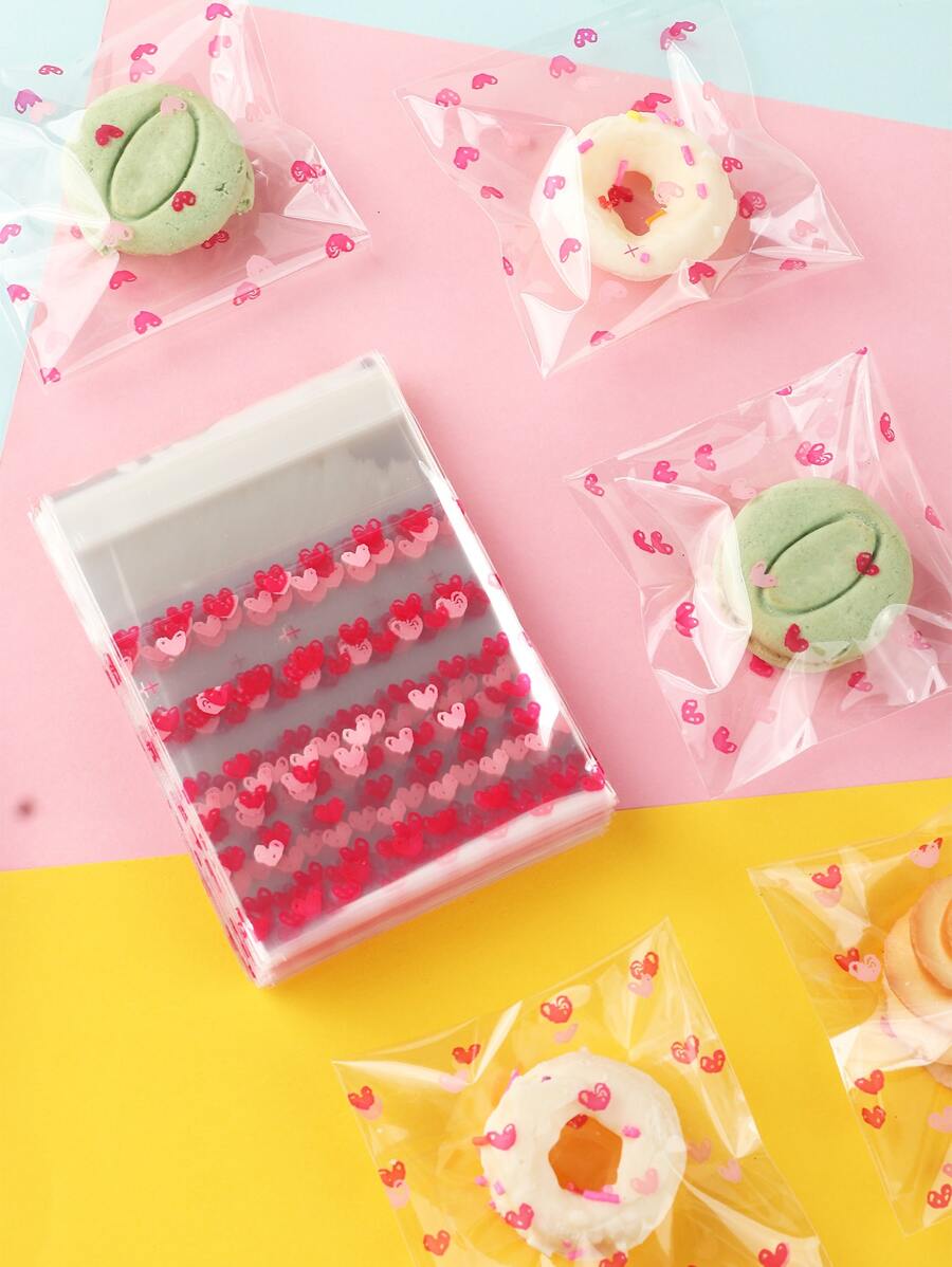 100pcs Heart Print Packaging Bag, Cartoon Plastic Biscuit Bag, Self ...