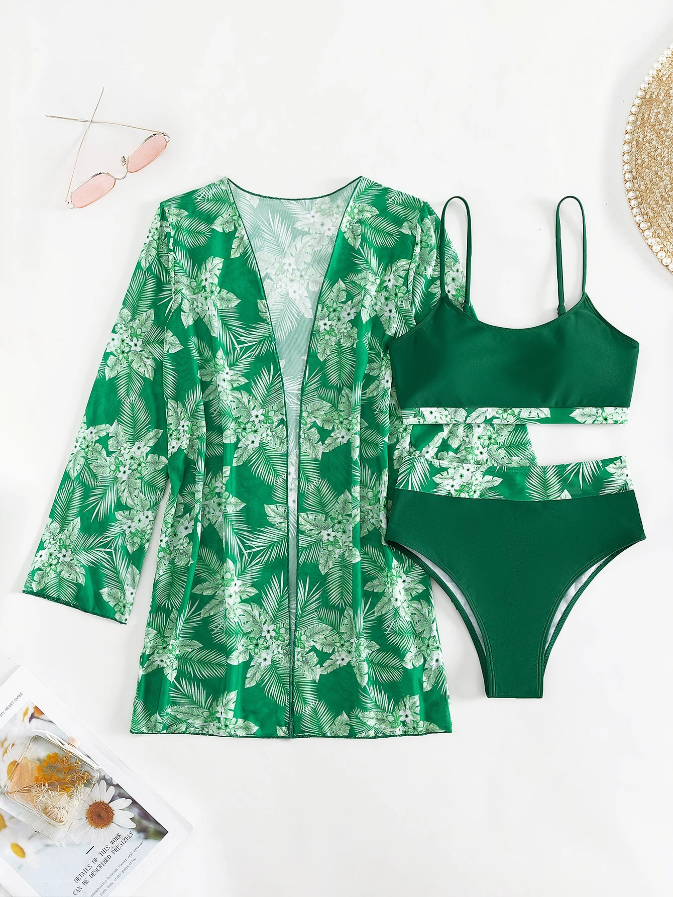 Tropical Print Bikini Swimsuit With Kimono Shein Usa